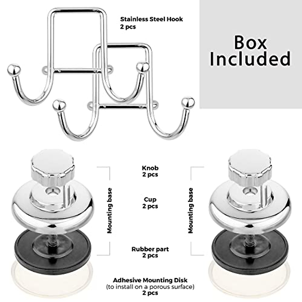 HASKO accessories - Powerful Vacuum Suction Cup Hooks - Organizer for Towel, Bathrobe and Loofah - Strong Stainless Steel Towel Hooks for Bathroom & Kitchen, Towel Hanger Storage (2 Pack)