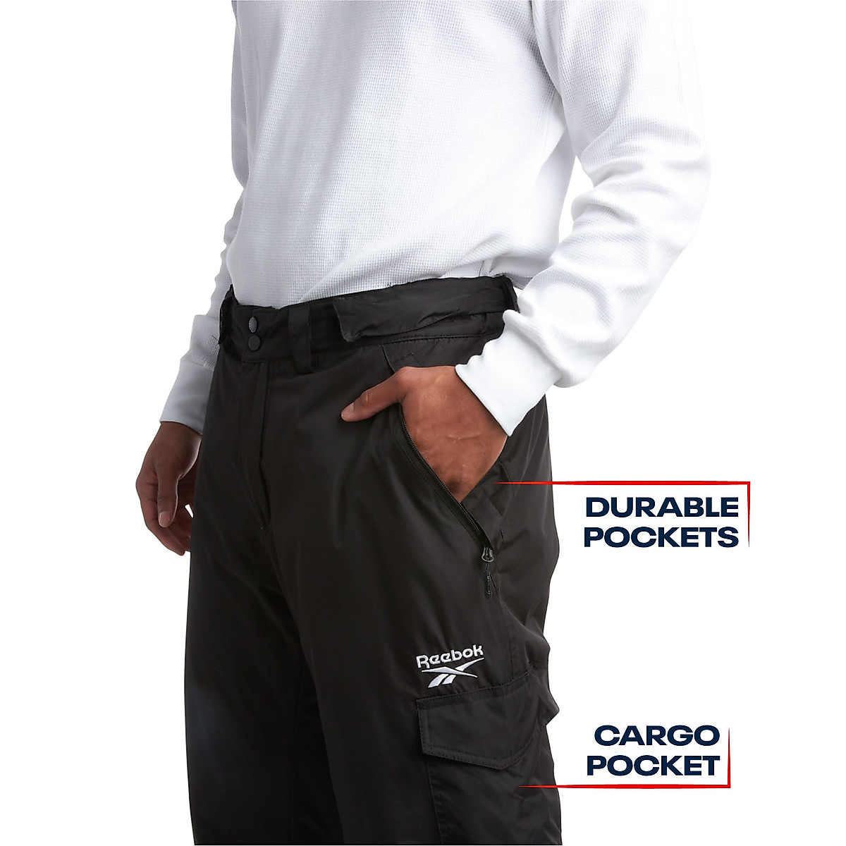 Reebok Men's Snow Pants - Heavyweight Waterproof Snowboard Pants with Cargo Pockets, Snow Gaiters - Ski Pants for Men, M-XXL, Size X-Large, Black