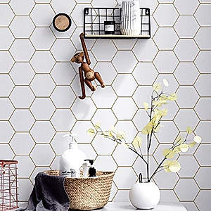 Fiula Gold and White Geometric Wallpaper Peel and Stick Wallpaper Hexagon White Wallpaper 17.3”×78.7”Decorative Shelf Drawer Liner Roll Waterproof