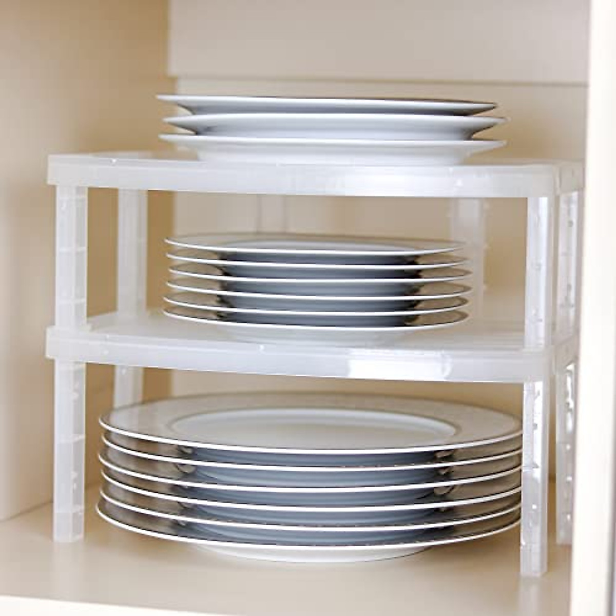 DecoBella Stackable Shelves for Cabinets and Countertop, Storage Organizer 2 Layer Shelves for Undersink, Pantry, Kitchen, Bathroom, Laundry Room, DIY Rack for Spices, Plates, Supplies (Clear)