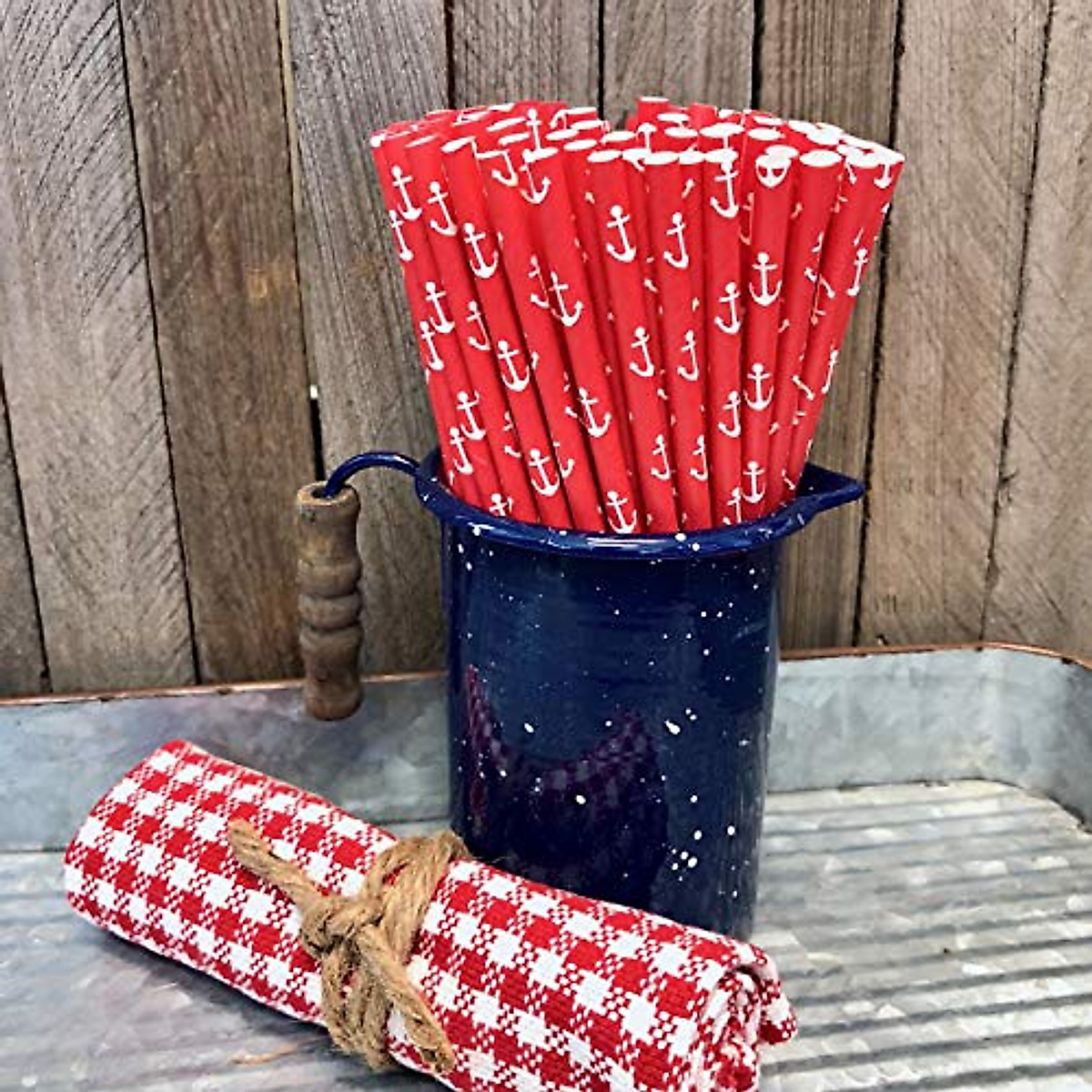 Anchor Nautical Themed Paper Straws - Red and White - 7.75 Inches - 100 Pack - Outside the Box Papers Brand