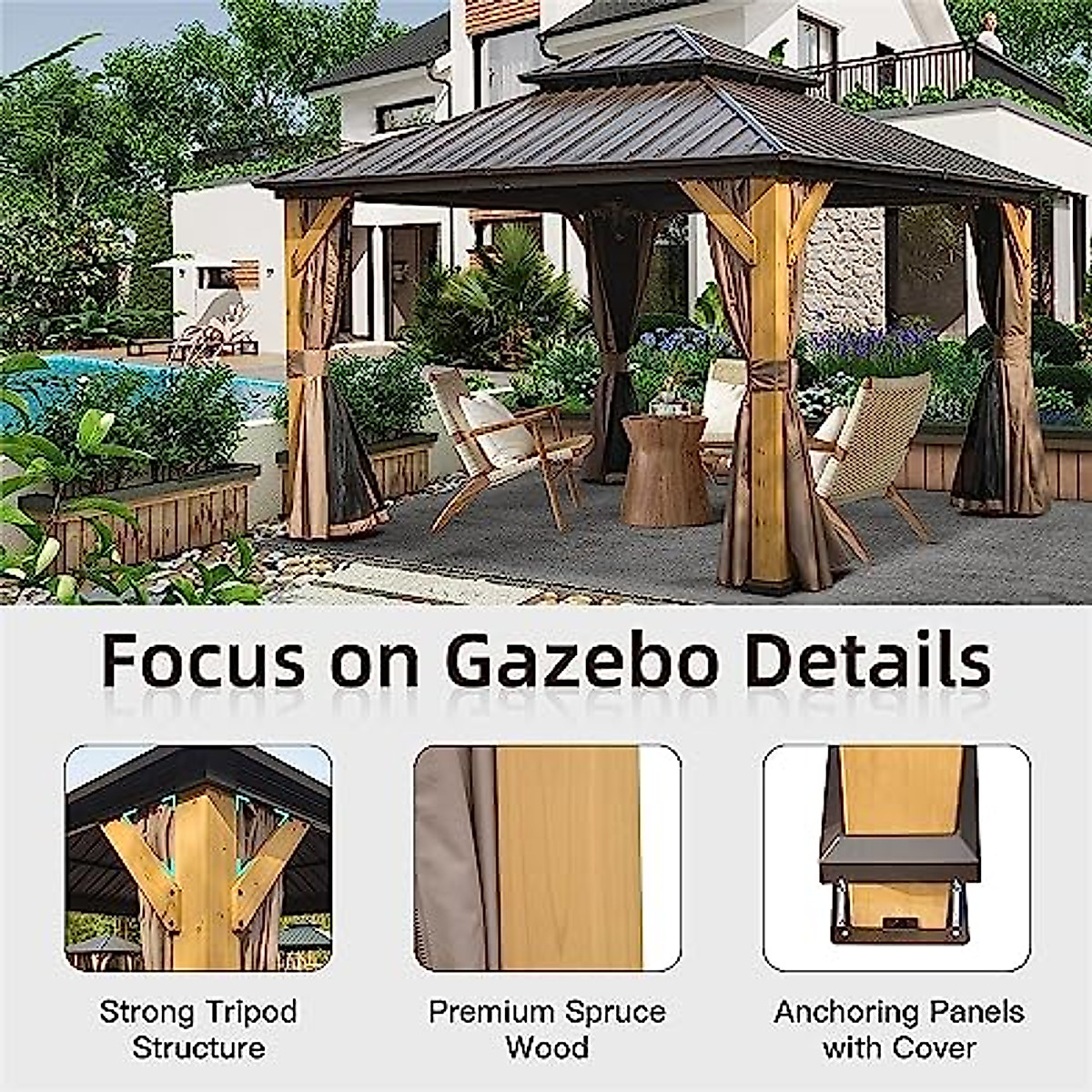 Evedy Gazebo 12x12, Hardtop Gazebo, Outdoor Cedar Wood Frame Canopy with Galvanized Steel Double Roof, Outdoor Permanent Metal Pavilion with Curtains and Netting for Patio, Backyard and Lawn