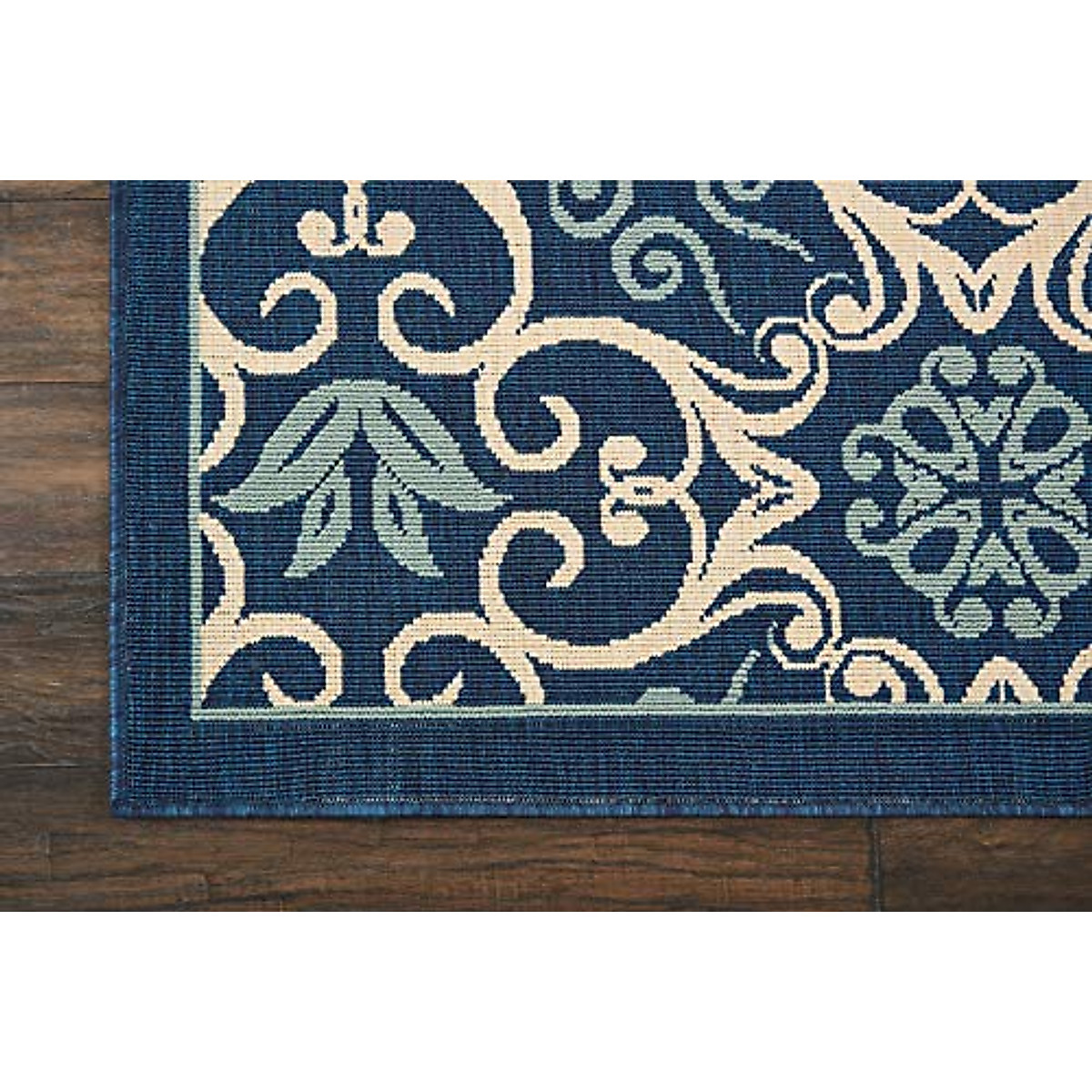 Nourison Caribbean Navy 7'10" x 10'6" Area-Rug, Geometric, Floral, Bed Room, Living Room, Dining Room, Kitchen, Easy-Cleaning, Non Shedding, (8' x 11')