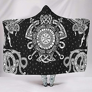 BURNAR Medieval 3D Printing Hooded Blanket Warm Shield Ax Vegvisir Thor's Hammer Unisex Winter Wearable Hooded Blanket Double Thick Plush Wool Blanket Cloak (Color : C, Size : 50x60in/130x150cm)
