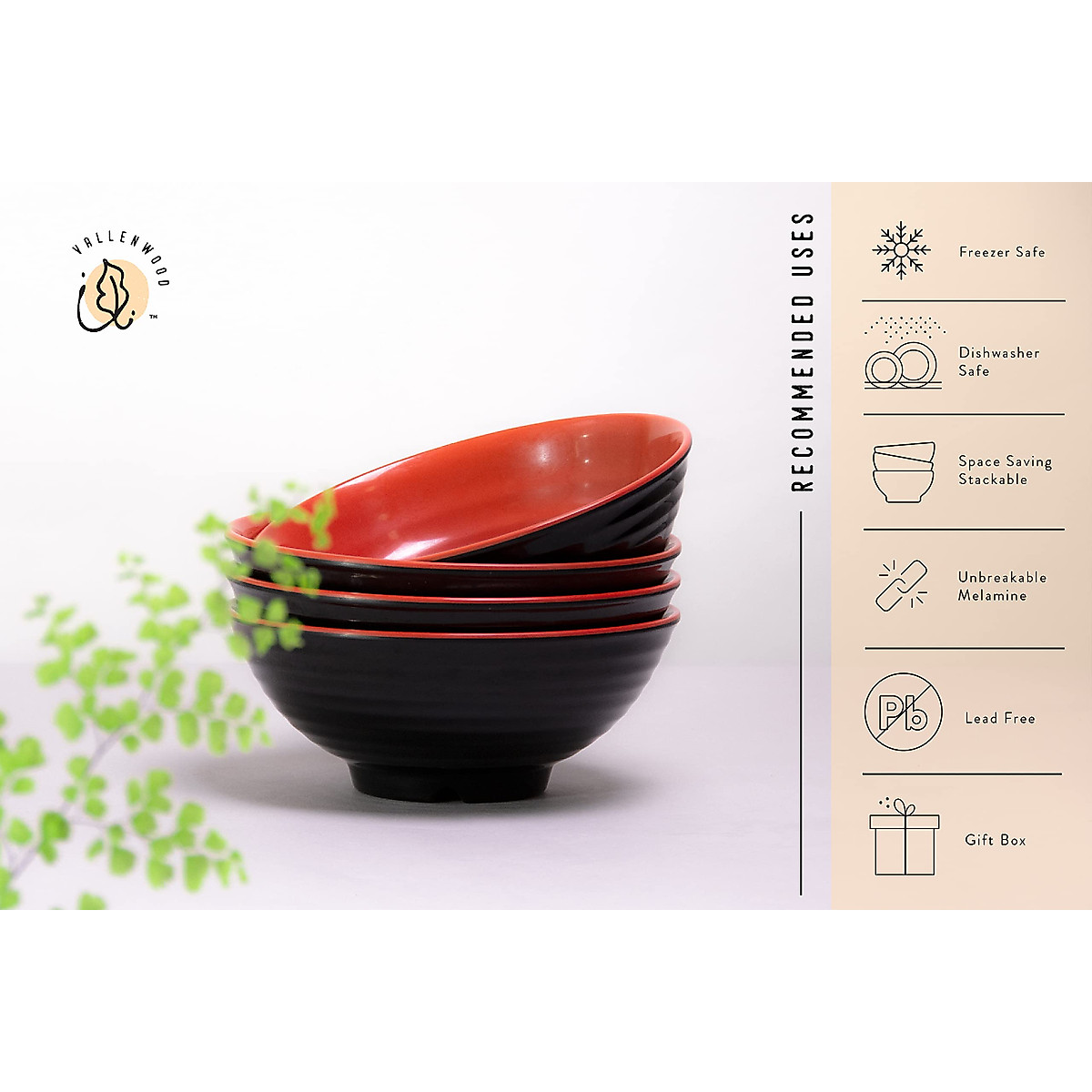 VALLENWOOD 6 Ramen Bowls, 18 pieces Pho set. Red Black Asian Japanese soup. Utensil: Spoons And Chopsticks kit. Melamine. Large 37 oz. Noodles, Rice, Udon, Thai, Chinese, Korean, Wonton, Miso