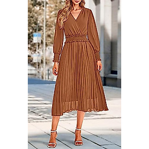 PRETTYGARDEN Wrap V Neck Fall Dresses for Women 2023 Long Sleeve Smocked Wedding Guest Dresses Flowy Pleated Midi Dress (Brown,X-Large)