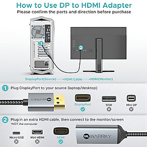 Warrky 4K DisplayPort to HDMI Adapter,【Metal Case, Gold-Plated Pins】 Uni-Directional Display Port (DP) to HDMI Monitor Converter 1080P@120Hz Compatible for HP, AMD, NVIDIA. Male to Female. Passive