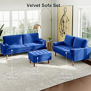 Vesgantti 58 inch Loveseat Sofa, 2 Seater Sofa for Small Space, Button Tufted Blue Velvet Couch with 2 Pillows, Mid Century Modern Couch w/Armrest, Small Couches for Living Room, Bedroom, Apartment
