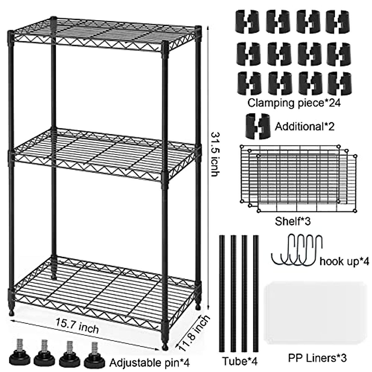 SsngygHme 3 Tier Storage Shelf Wire Shelving Unit Storage Rack Metal for Kitchen Organization, with Leveling Feet, Black (3 Tier)