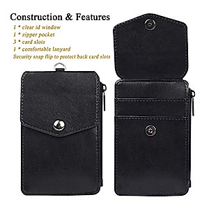 Teskyer Leather Badge Holder with Zipper Pocket,1 Clear ID Window and 3 Card Slots with Secure Cover, Premium Leather ID Holder with Nylon Lanyard for Office School ID, Credit Cards, Driver Licence