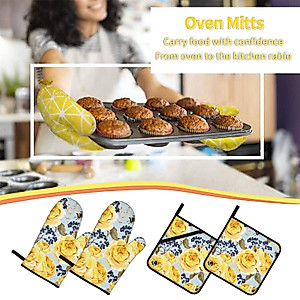 KLATIE Yellow Rose Oven Mitts and Pot Holders Set, Waterproof Heat Resistant Oven Gloves Hot Pads, Oven Mits Potholders for Kitchen Cooking BBQ Baking Grillin, 4-Piece Set
