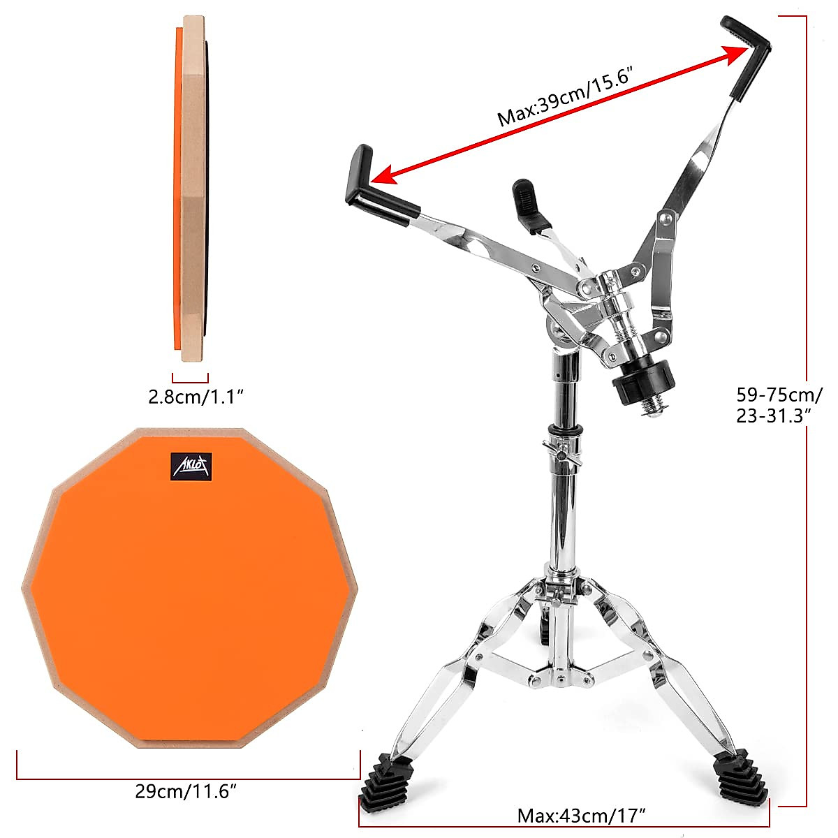 AKLOT Practice Pad Set 12" Silica gel Pads Drum for Adult Kids with Snare Drum Stand,Double Sided,Drumsticks,Bag