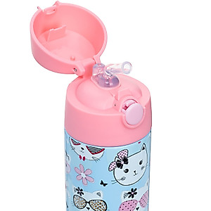 Snug Kids Water Bottle - insulated stainless steel thermos with straw (Girls/Boys) - Kitty, 17oz