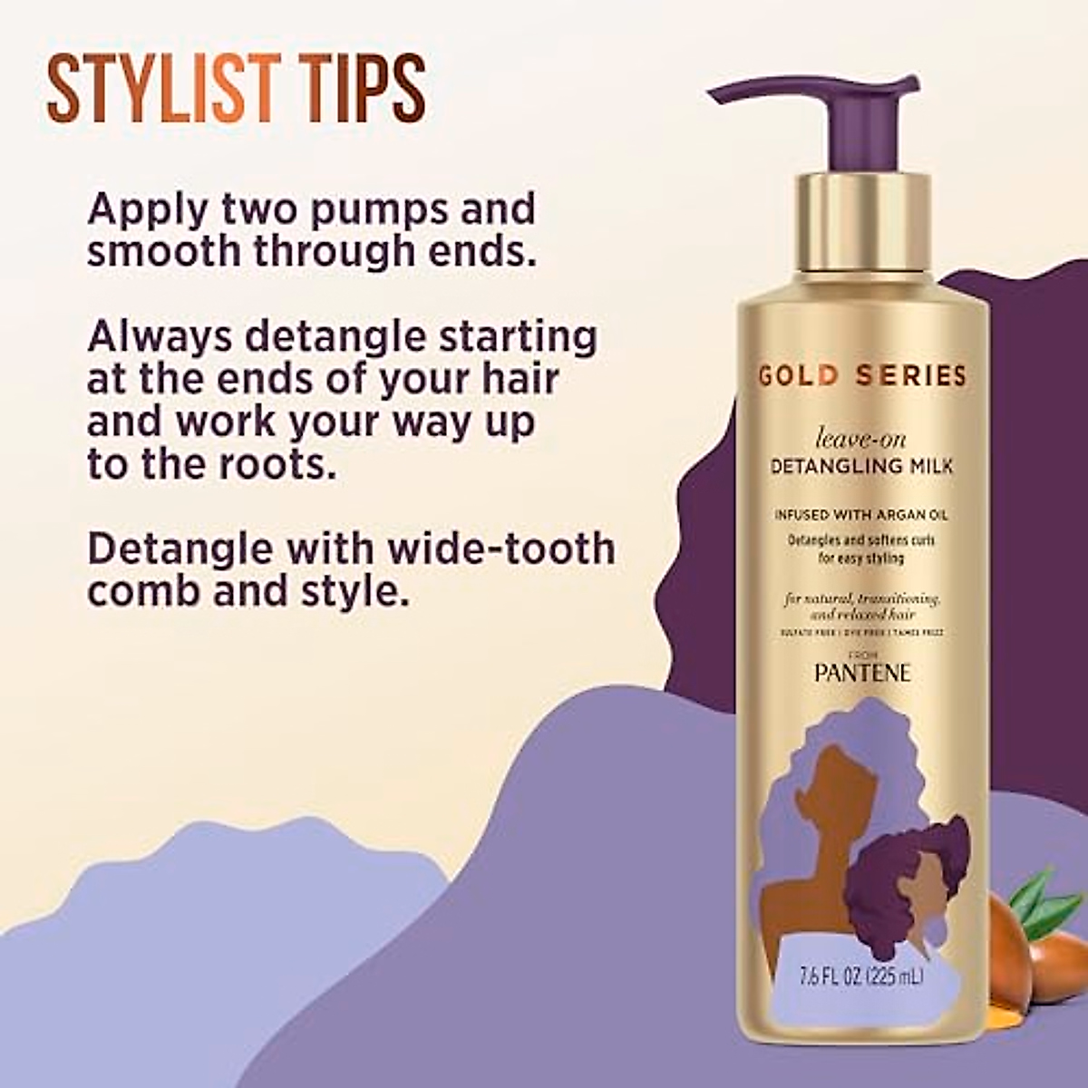 Pantene Gold Series Detangling Milk Hair Treatment for Curly Hair, Natural and Textured Hair, 7.6 Fl Oz Leave-On Hair Detangler Infused with Rich Argan Oil, Dye and Sulfate Free Formula