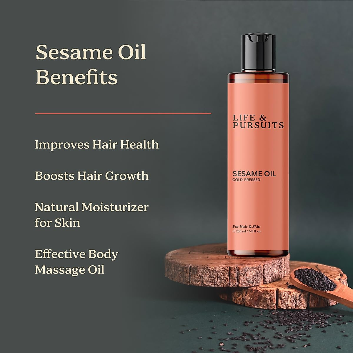 Life & Pursuits 100% Cold-Pressed Unrefined Sesame Oil - Nourishing Oil for Hair and Skin, Promotes Radiance, Moisture, and Healthy Growth for Men & Women (6.76 Fl Oz)