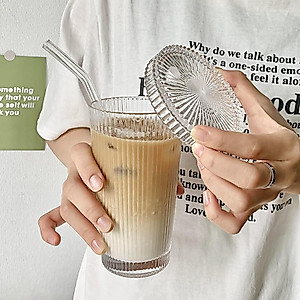 MEFFE Ribbed Glass Stem-ware, Glass Tumbler Stripe Glass Cup, Elegant Ribbed Glass Tumblers, Ribbed Glass Drinking Jars, Coffee Cup With Lid and Straw Drinking Glasses for Iced Coffee, Milk, Tea, Jui