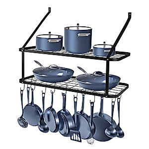 ROTTOGOON Wall Mounted Pots and Pans Rack, 2 Tier Pot and Pan Organizer 30 Inch Wall Pot Rack with 12 Hooks Kitchen Rack Organizer