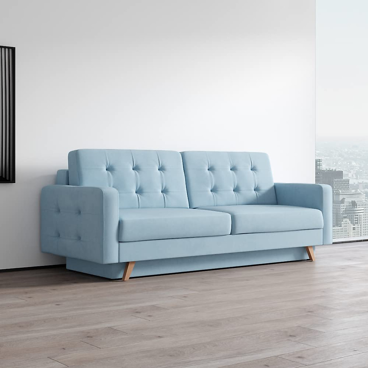 Meble Furniture Modern Mid-Century Sleeper Sofa - Queen Size Convertible Sofa Bed with Spacious Under-Seat Storage - Stylish and Comfortable Storage Sofa for Living Room - Blue