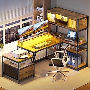 YITAHOME L Shaped Desk with Power Outlets, 78.7" Reversible Computer Desk with Drawers & Bookshelf, Corner Office Desk with LED Lights and Storage Shelves for Home Office, Rustic Brown