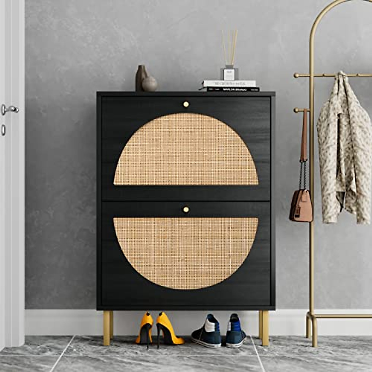 SSLine Shoe Cabinet with 2 Flip Down Storage Shelves Free-Standing Shoe Rack Modern Black Wood Shoe Storage Organizer w/Unique Rattan Decor &Gold Handles for Entryway Hallway Doorway