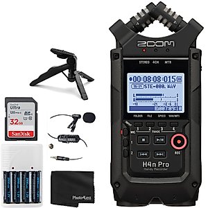 Zoom H4n Pro 4-Input / 4-Track Portable Handy Recorder with Onboard X/Y Mic Capsule (Black) + 32GB Memory Card + Professional Lavalier Condenser Microphone + 4 AA Batteries and Charger