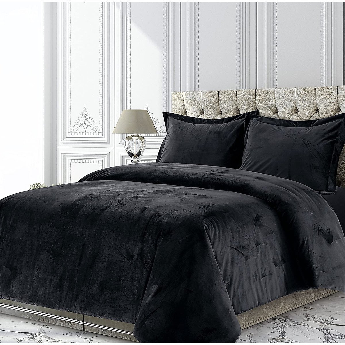 JS BEDDING Velvet Duvet Cover Set King 3 Piece (Duvet Cover + 2 Pillowcases) Black Zipper Closure Flannel Duvet Cover Venice Velvet Lush Duvet Cover Sherpa