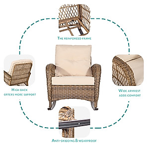 MEETWARM Outdoor Wicker Rocking Chair, Rattan Patio Rocker Chairs with Cushions and Steel Frame - Beige