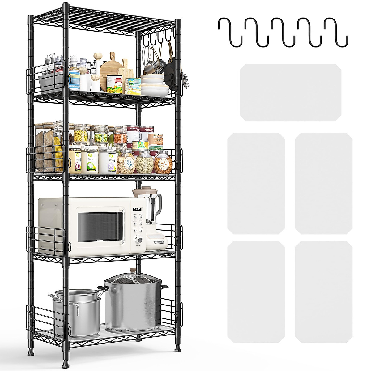 REIBII 5-Tier Storage Shelves Wire Shelving Unit with Side Blockers Adjustable Metal Shelves for Storage Rack with 5 Hooks & Shelf Liners Metal Shelving for Small Space, Kitchen Bathroom Closet Pantry