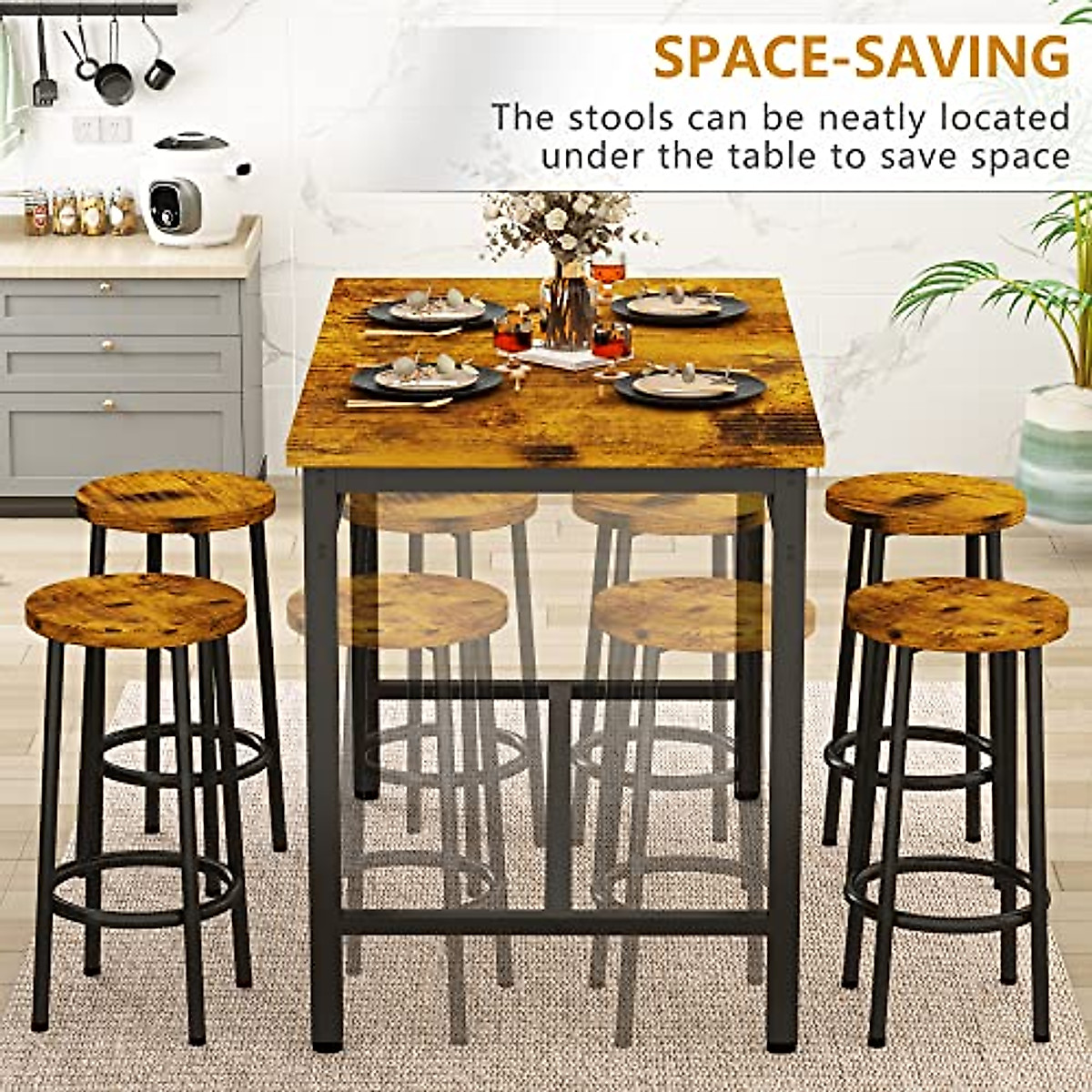 AWQM Bar Table and Chairs Set Industrial Counter Height Pub Table with 4 Chairs Bar Table Set 5 Pieces Dining Table Set Home Kitchen Breakfast Table, Black and Industrial Brown