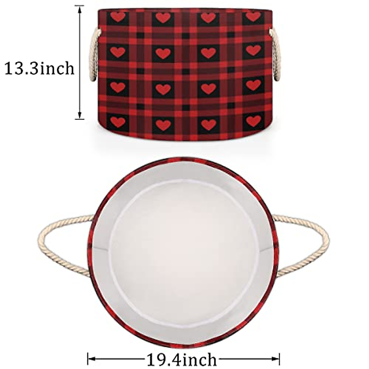 Red Love Heart Plaid Large Round Baskets for Storage Laundry Baskets with Handles Blanket Storage Basket for Bathroom Shelves Bins for Organizing Nursery Hamper Girl Boy
