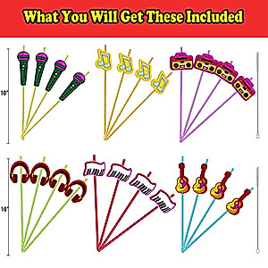 24 Pieces Music Straws for Drink Cocktail Straws Tik Tok Rock Star Rock Music Birthday Party Supplies Party Favor with 2 Pieces Cleaning Brush 6 Colors Straws