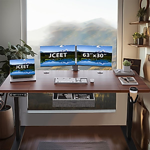 Jceet Electric Standing Desk with Drawer, 63x30 Inches Adjustable Height Sit Stand Up Desk with 4 Splice Boards, Home Office Desk Computer Workstation with Dark Walnut Top/Black Frame