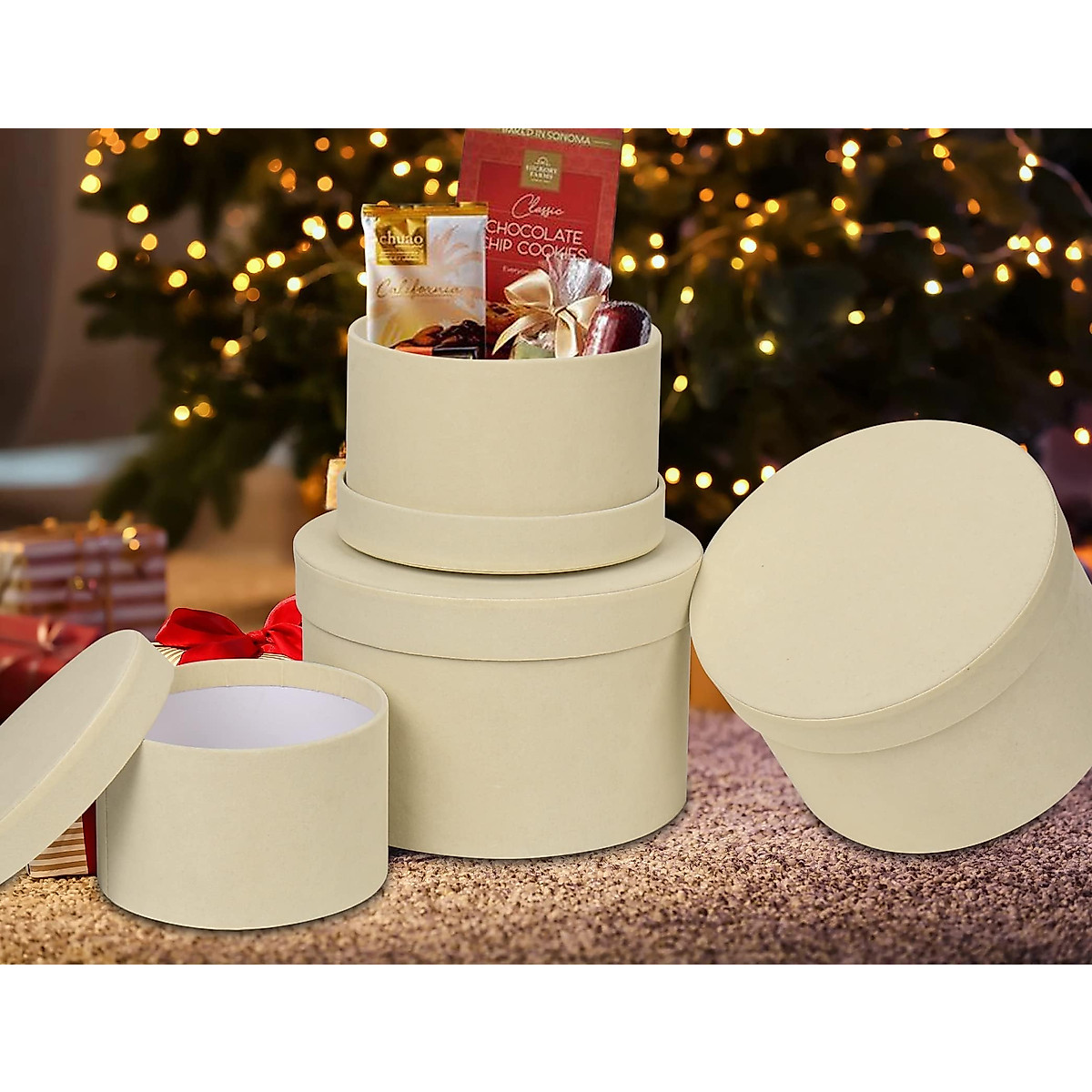 GnFlus Round White Gift Boxes with Lids for Presents Set of 4 Velvet Nesting Gifts Box for Arrangements Flowers Wedding Birthday Valentines Bridesmaid Christmas Party Anniversary