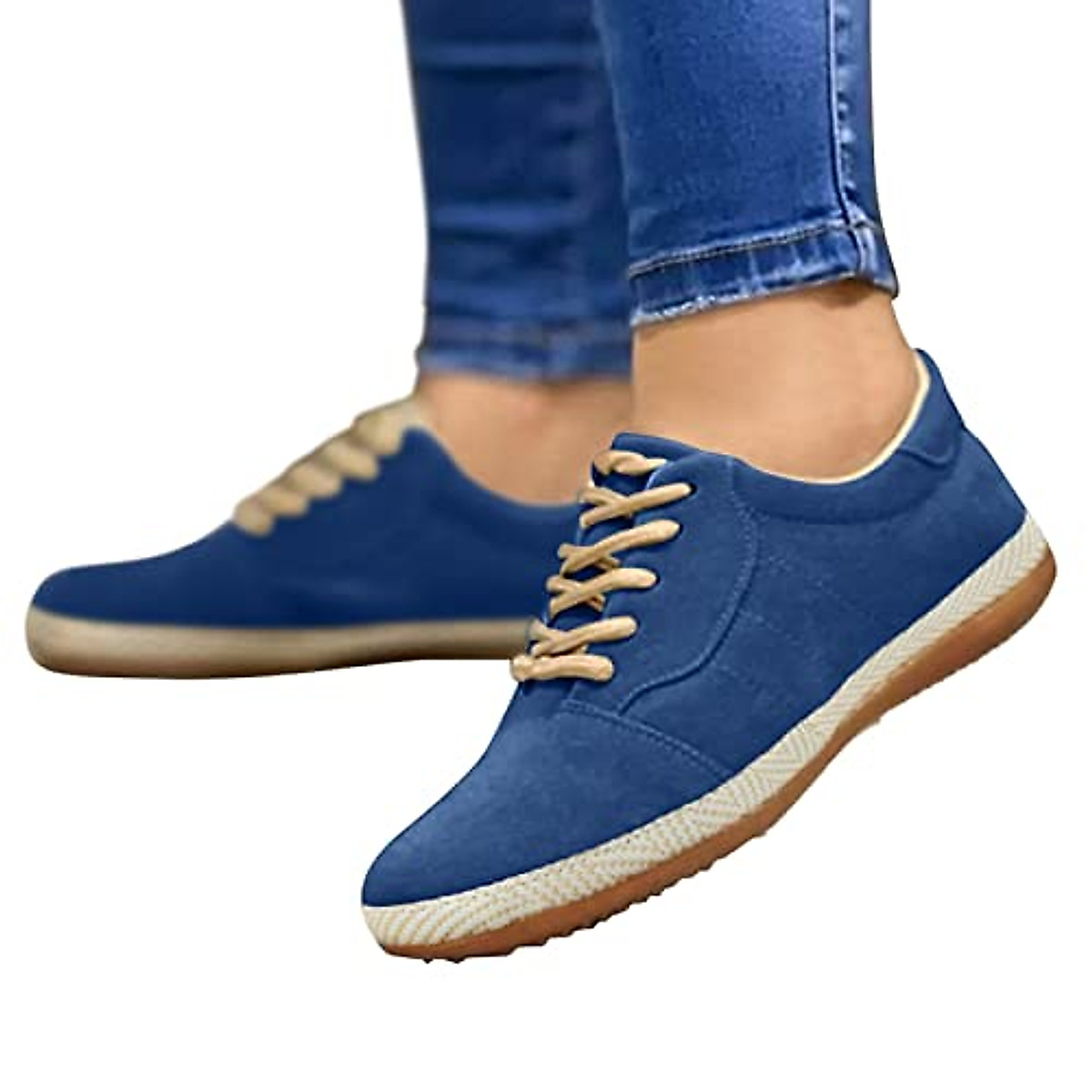 Women Sneakers Slip On Wide Single Up Women Shoes Lace Casual Suede Toe Breathable Comfortable Flat Summer Shoes (Blue, 6.5-7)