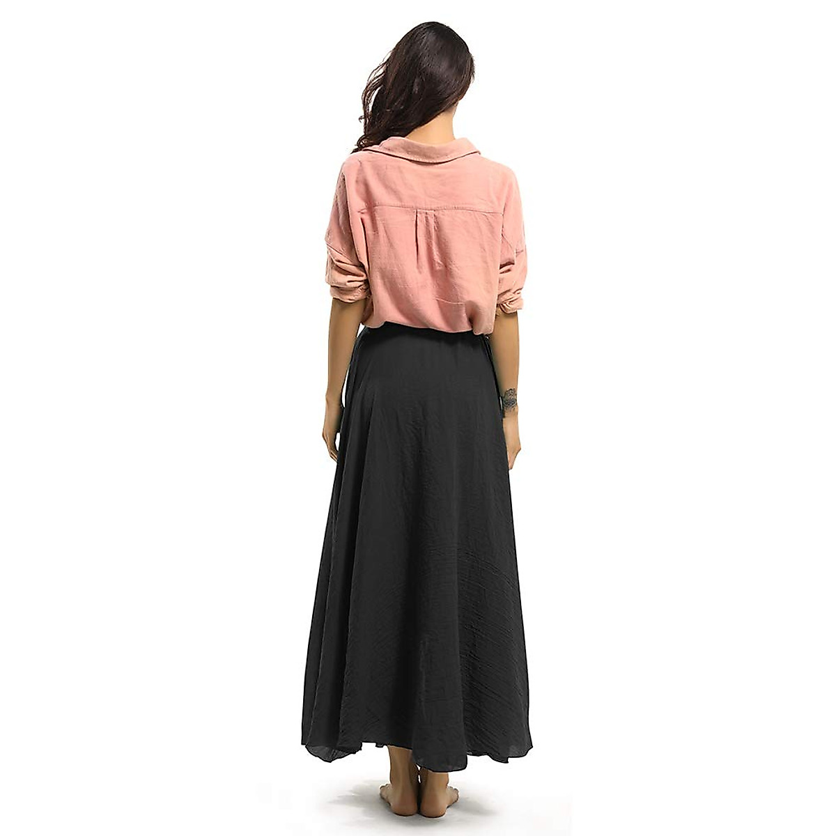 Phorecys Women's Casual Long Maxi Skirt Cotton Elastic Waist Boho Goth Fairy Renaissance Weekend Skirts Dress Black 105CM Length