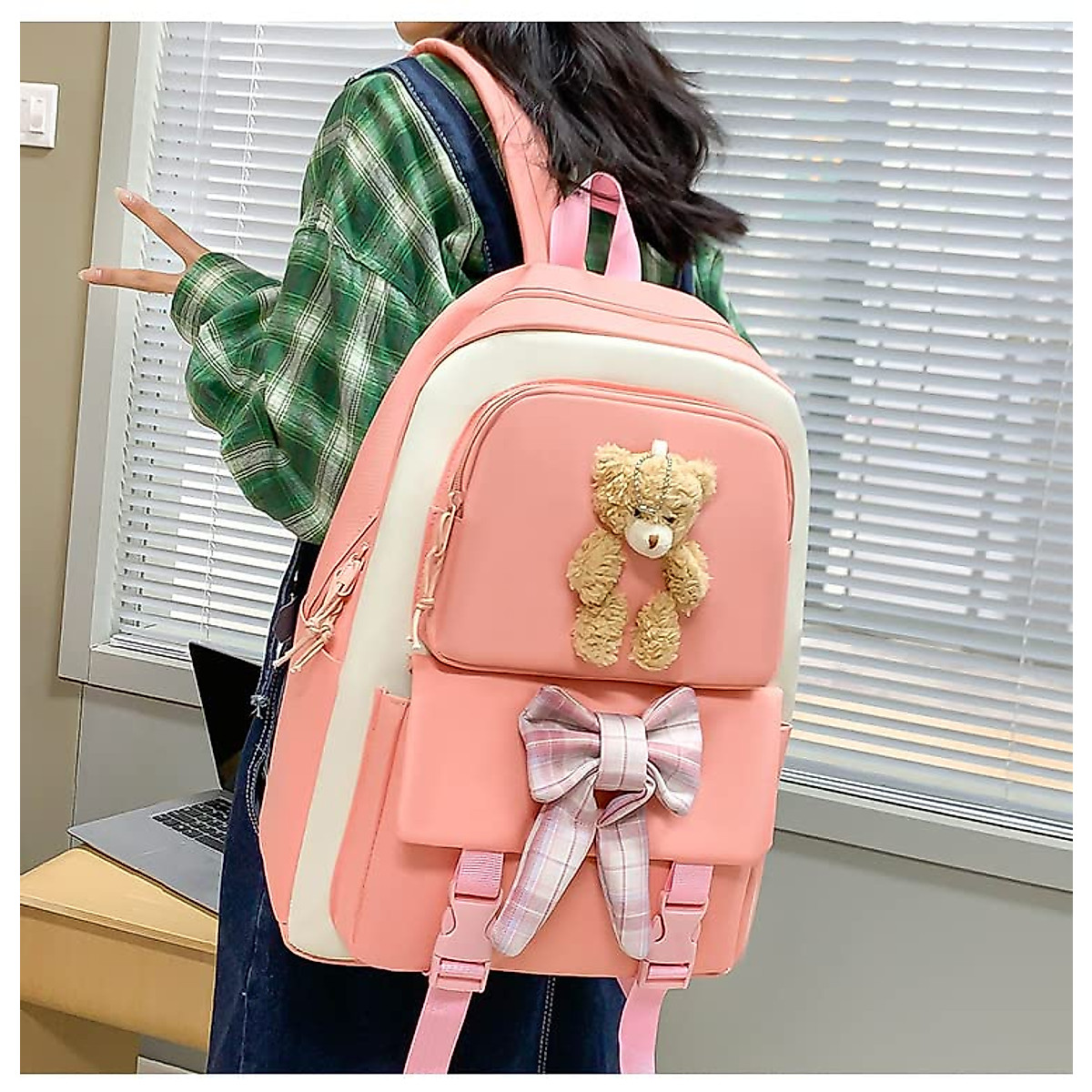 Lokkcy Kawaii Backpack 4Pcs Set with cute plush Pendants & Badge,Japanese School Bag and Backpack for Girls 10-12(Pink)
