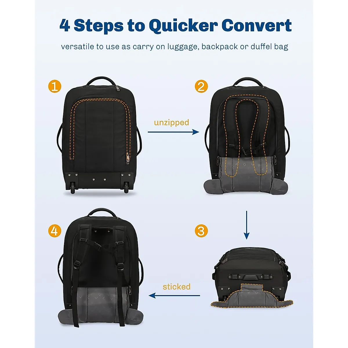 Hynes Eagle 2 in 1 Travel Backpack 22 inches Carry on Luggage 63L Rolling Backpack for Men Women with Packing Cubes 3PCS Set