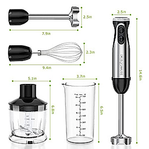 Immersion Handheld Blender, Bonsenkitchen Stainless Steel Hand Stick Blender, 20-Speed and Turbo, 4-In-1 Hand Blender with Egg Whisk, 24oz Beaker & 17oz Chopper Bowl for Smoothies, Puree, Baby Food