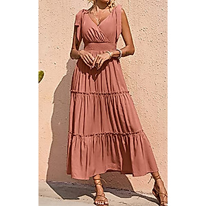 PRETTYGARDEN Women's Cross Neck Summer Sleeveless Tiered Maxi Dress Beach Tie Strap Smocked Long Dresses Pleated Sundress (Nude Pink,Medium)