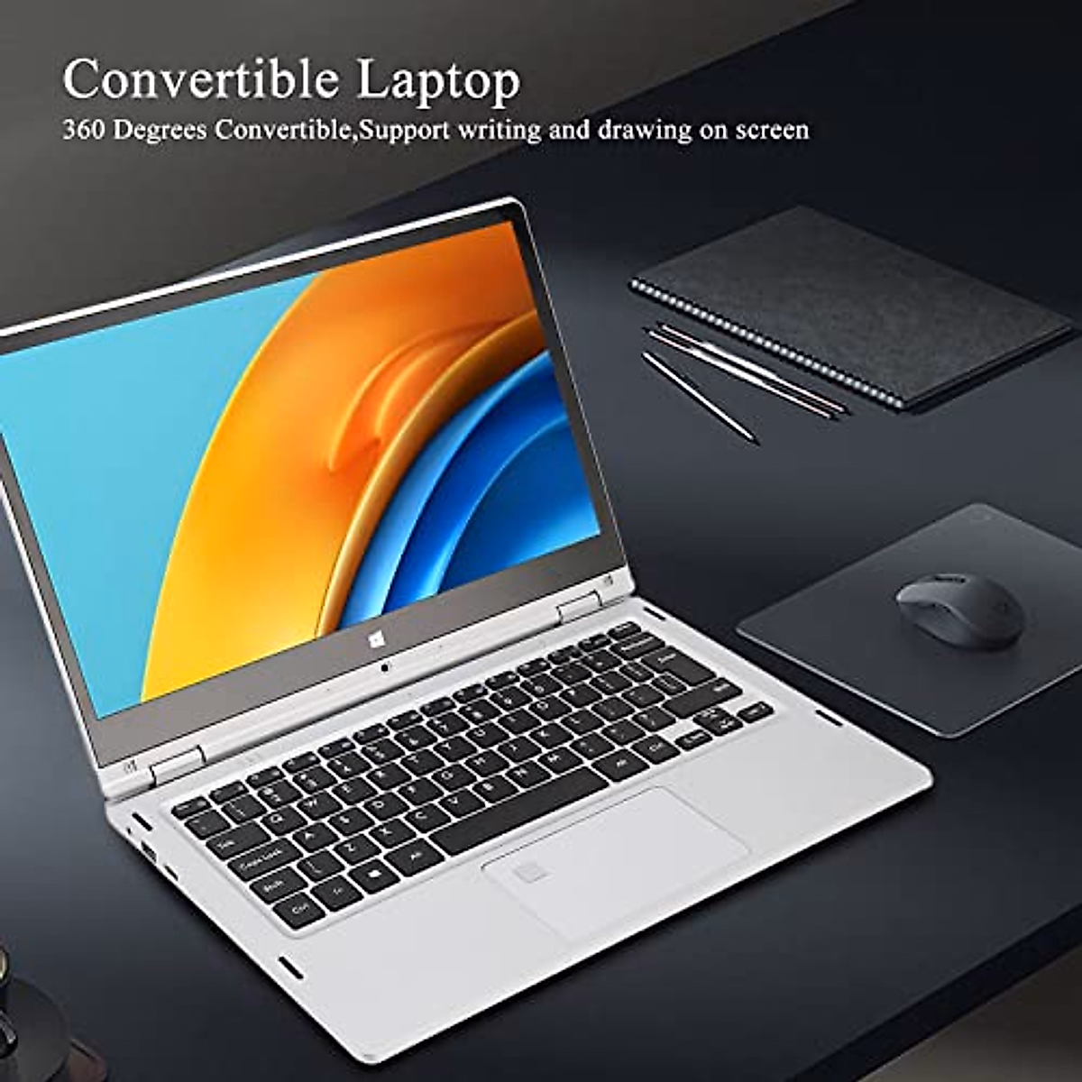 Yoidesu 2 in 1 Laptop, 13.3 IPS HD Touch Screen Display, for J4105 Quad Core CPU, 360 ° Rotation, Fingerprint Unlock, 2.4GHz/5GHz WiFi, 6000mah Battery, BT Laptop Computer for Win