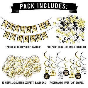 20th Birthday and Anniversary Decorations Party Pack - Cheers to 20 Years Banner, Balloons, Swirls and Confetti Party Supplies