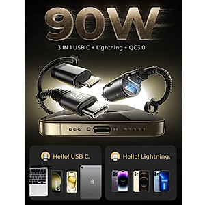 LISEN 90W iPhone 15 Car Charger, 45WPD+QC3.0 Fast Charging Cigarette Lighter USB Charger with 2-IN-1 Type C/Lightning Coiled Cable 5FT, Certified USB C Car Charger for iPhone 15 Pro Max 14/Samsung S23