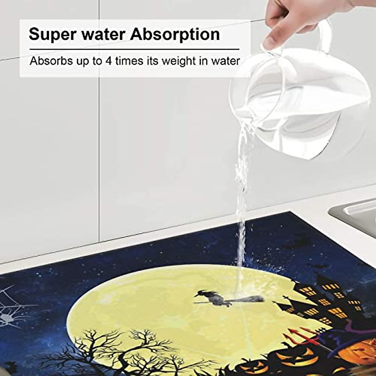 Halloween Moon Horrible Pumpkin Printed Drying Mat For Kitchen Ultra Absorbent Microfiber Dishes Drainer Mats Non-Slip Silicone Quick Dry Pad - 18 X 16inch