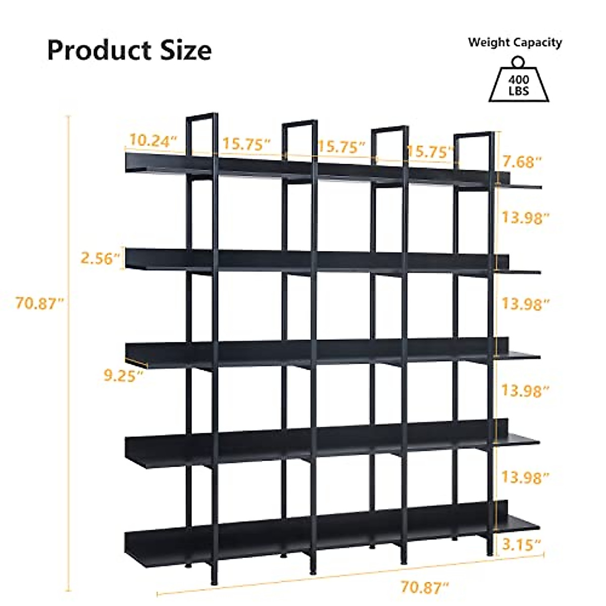 KIVENJAJA Triple Wide 5-Tier Bookshelf, Industrial Display Bookcase with Metal Frame, Tall Open Storage Book Shelves for Bedroom, Living Room, Home Office (Black)
