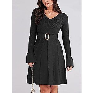 ANRABESS Sweater Dress for Women 2023 Fall Fashion Long Sleeve V Neck Tie Waist A-Line Pleated Swing Sexy Elegant Ribbed Knit Midi Formal Wedding Guest Dresses 1195heise-M Black