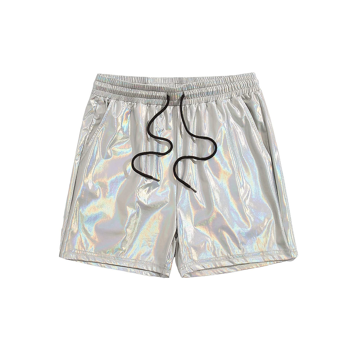 WDIRARA Men's Metallic Shiny Sparkly Drawstring Waist Shorts with Pockets Silver Reflective L