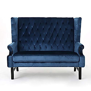 Christopher Knight Home Nolie High Back Tufted Winged Velvet Loveseat, Cobalt / Dark Brown