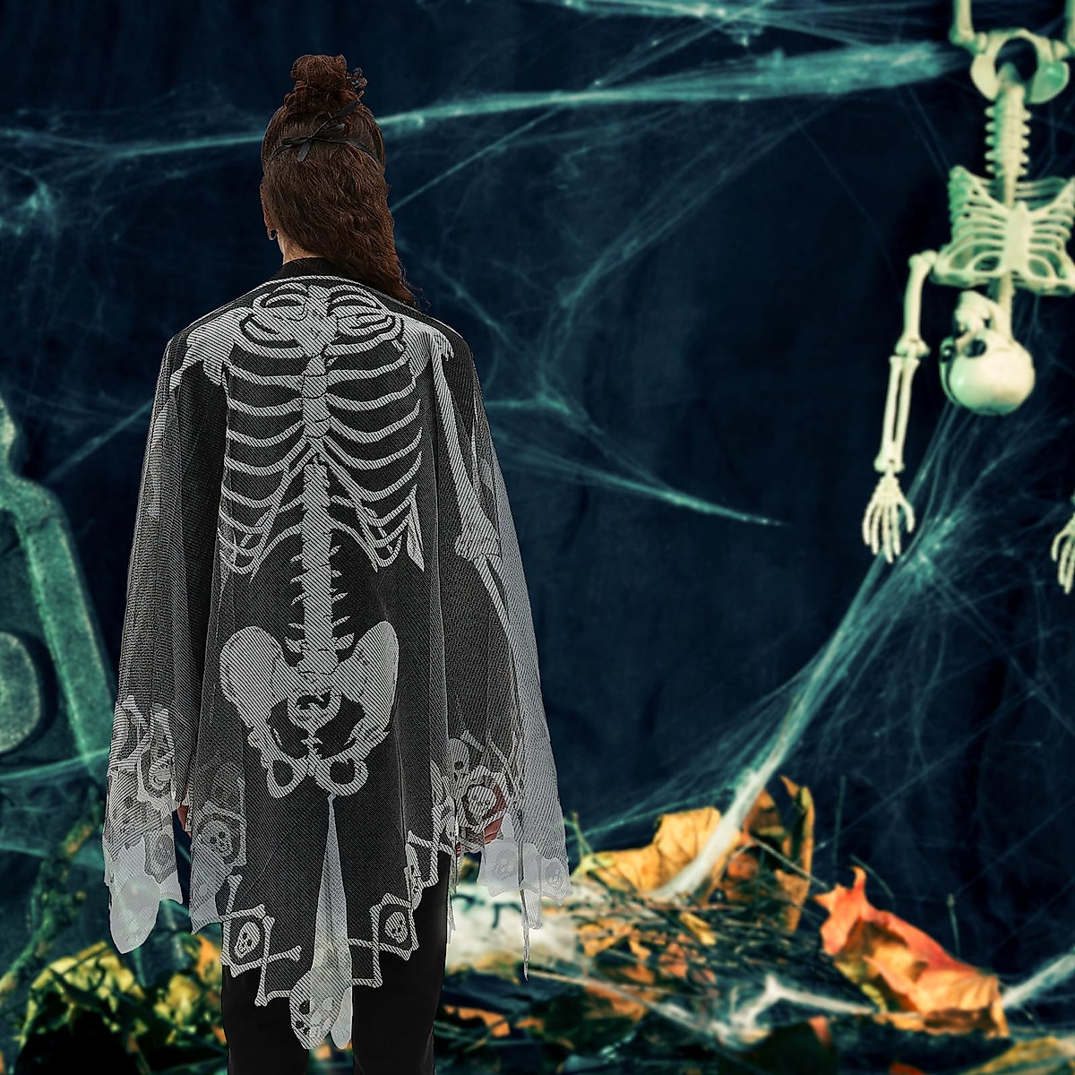 Kinhowly Women's Halloween Costumes, Halloween Skeleton Cape Poncho for Women Gifts,Includes Halloween Masquerade Mask (Black)