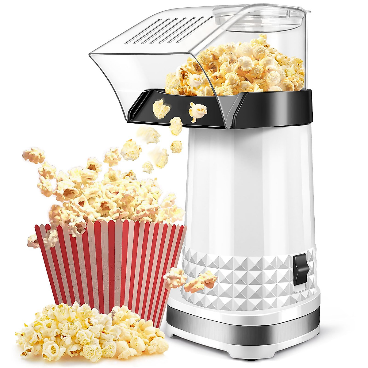 Quick & Easy Hot Air Popcorn Popper Maker with Measuring Cup + Melts Butter, 4.5 Quarts, Etl Certified, 1200W No Oil Electric Popcorn Machine with On/Off Switch, White
