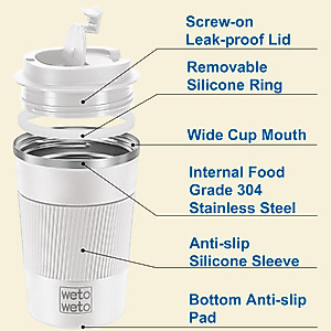 WETOWETO 12oz Travel Mug, Insulated Reusable Coffee Cup with Leak Proof Lid, Stainless Steel Travel Coffee Mug Portable Coffee Mug for Hot and Cold Water Coffee(White)